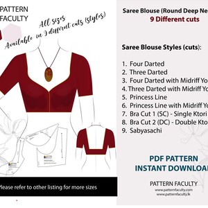 Saree Blouses – Round Deep Neckline, PDF Patterns for Bust Size 46, Digital PDF Patterns, 9 ...