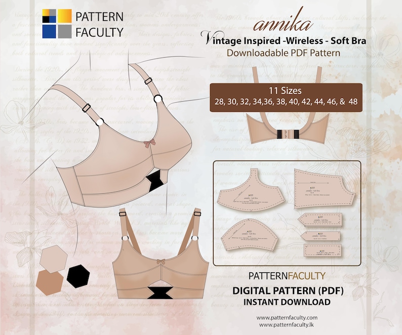 Vintage Inspired Wireless Soft Bra Pattern – Downloadable PDF Pattern. Sizes 28, 30, 32, 34, 36 ...