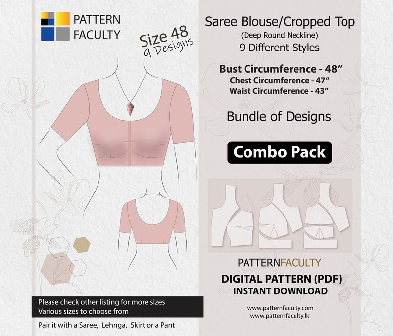Saree Blouses – Crop Top - Round Deep Neckline, PDF Patterns for Bust ...