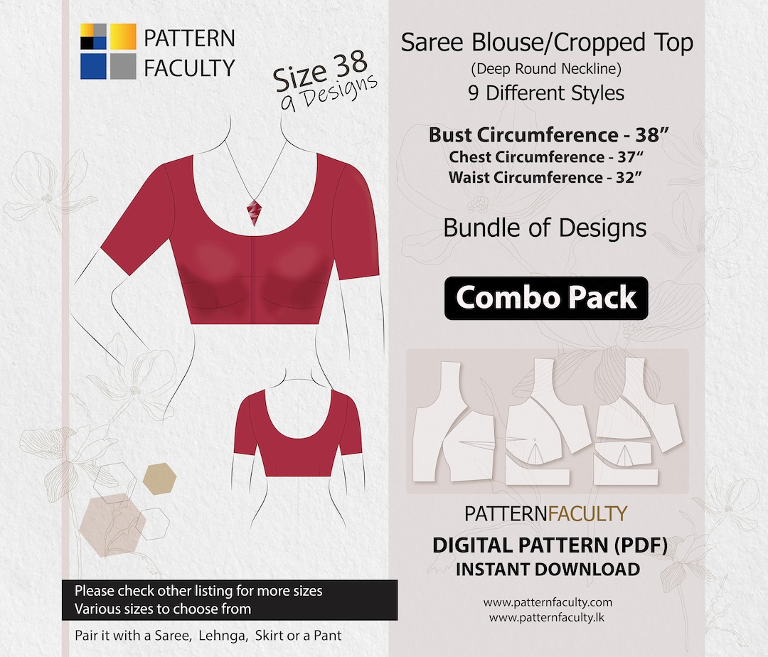 Saree Blouses – Round Deep Neckline, PDF Patterns for size 38 (Bust Circumference 38”), Digital ...