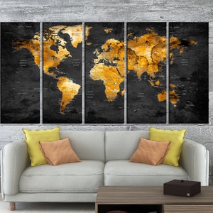 Large Black and Gray World Map Canvas Wall Art for Home Decor - Etsy