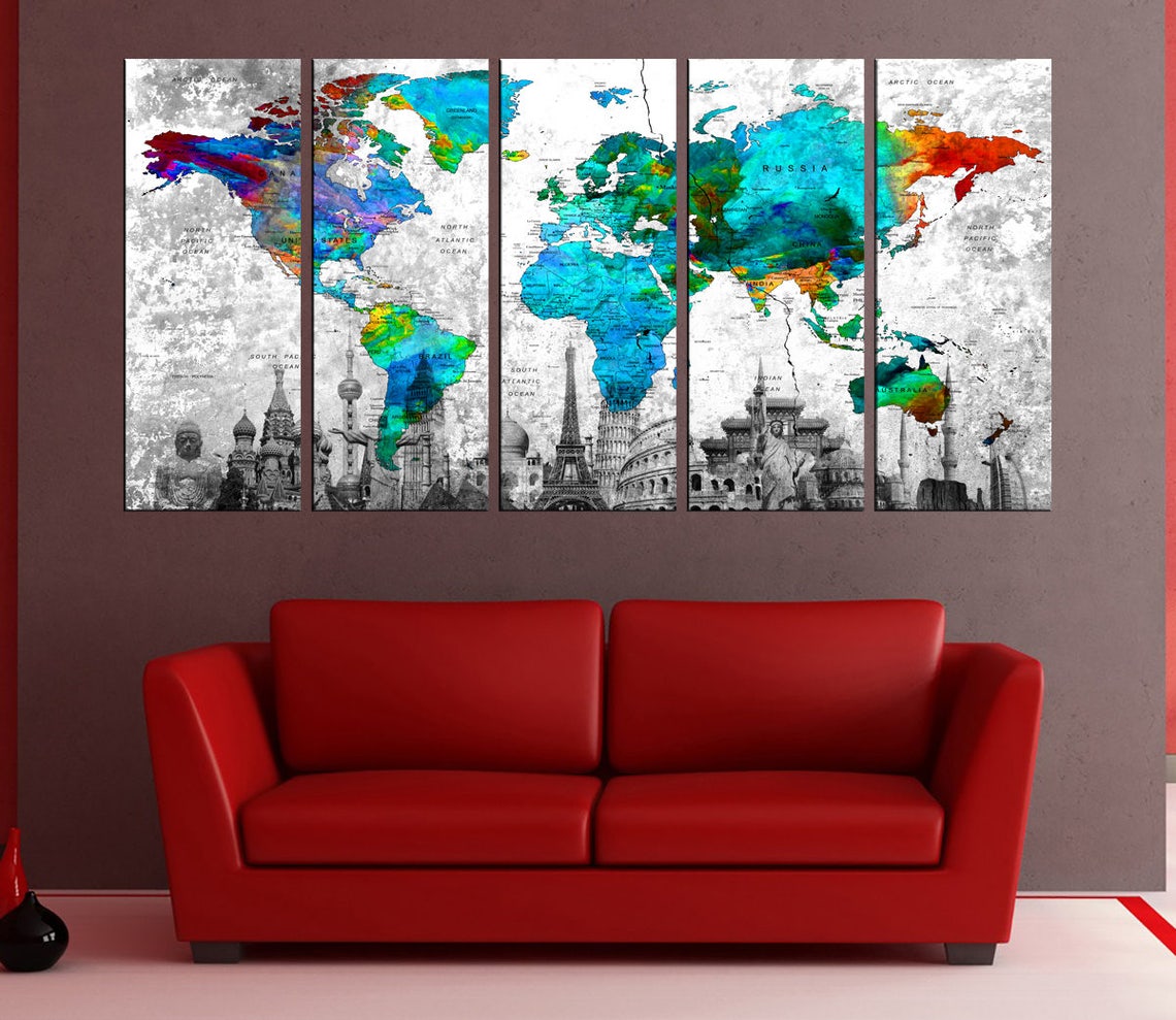 World Map Canvas Push Pin Canvas Print Travel World Map With - Etsy
