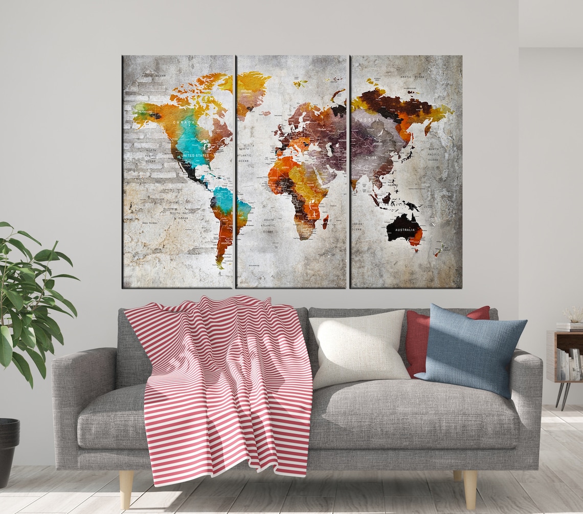 Abstract World Map Wall Art Canvas Framed Art Print Modern | Etsy