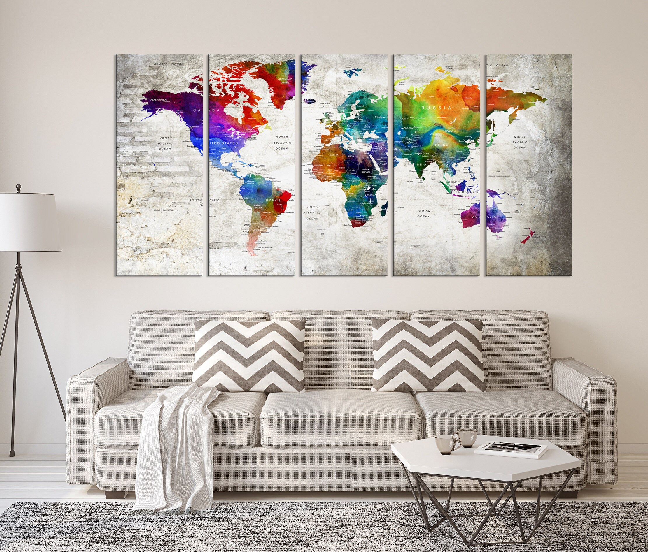 Abstract Wall Art for Large Wall Watercolor World Map Push Pin | Etsy
