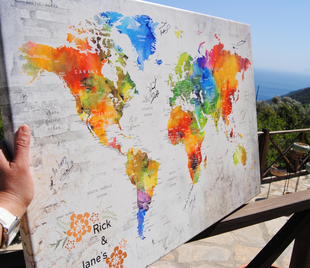 World Map Guestbook, Customized Travel Wedding Map, Map Guest Book ...
