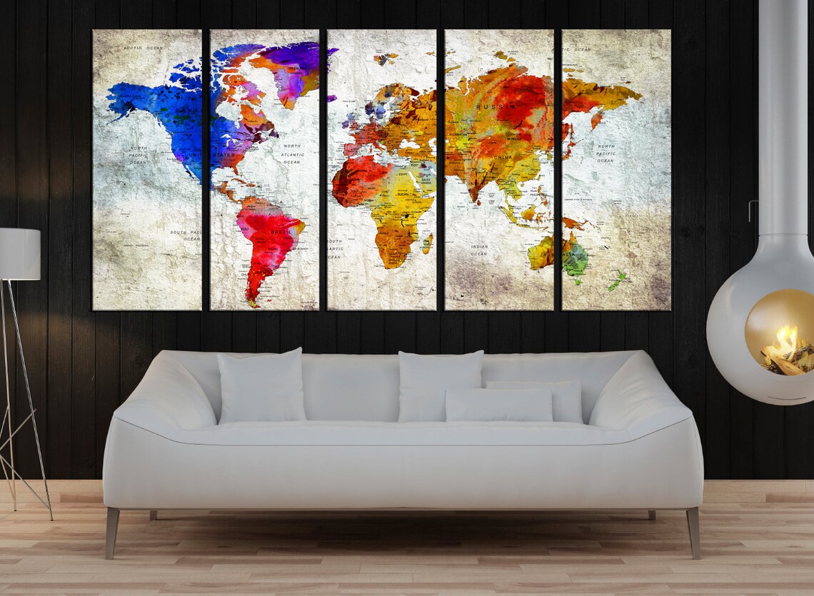 Extra large abstract wall art world map canvas stretched wood | Etsy