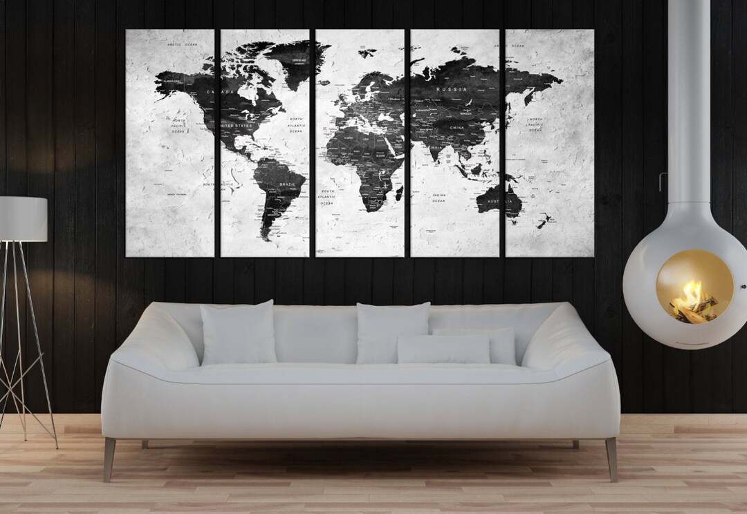 Black and White World Map Extra Large Wall Art World Map Canvas Print ...