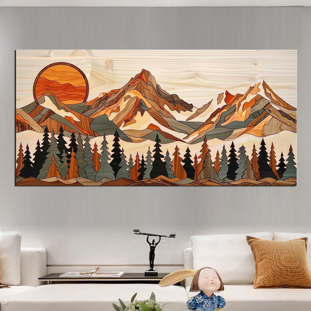 Mountain Wood Wall Art | Cabin Decor | Framed Nursery Art | Large Horizontal Canvas | Wooden ...