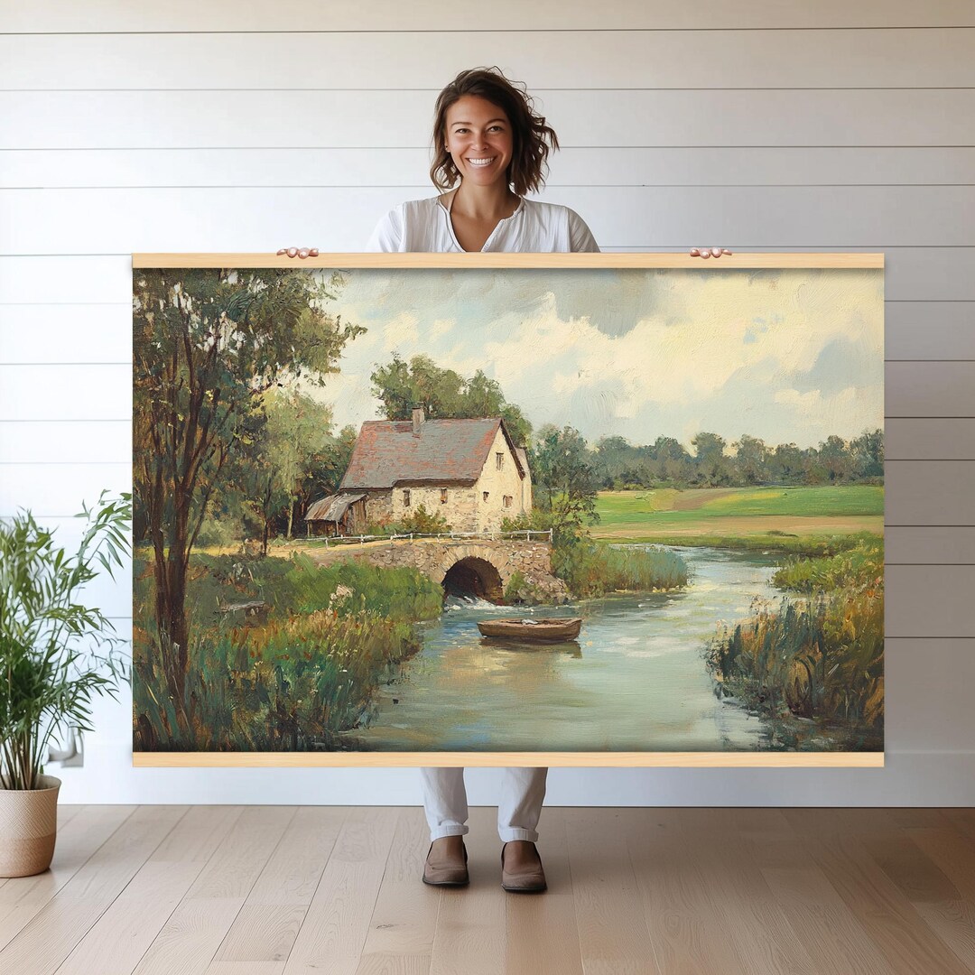Rustic Cottage by the River Tapestry | Tranquil Countryside Wall ...