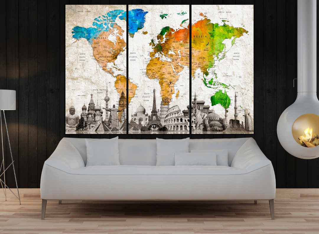 Large Push Pin World Map Wall Art, Abstract Map Canvas Print, Travel ...