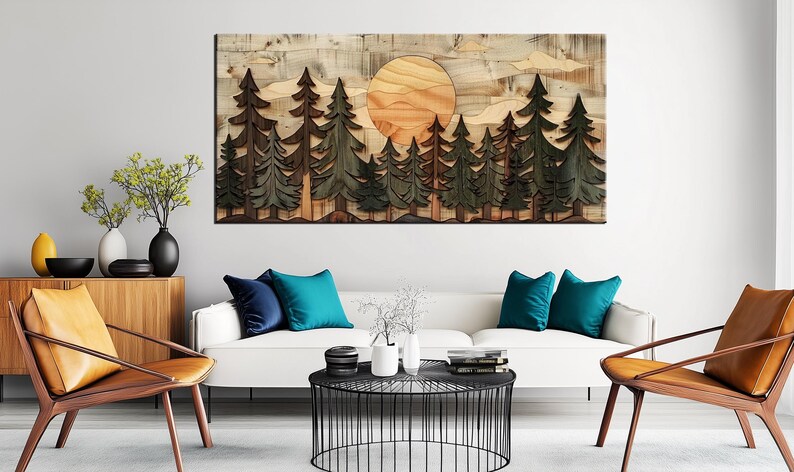 Sunset Mountain Wood Wall Art - 3D Layered Woodland Scene - Large ...