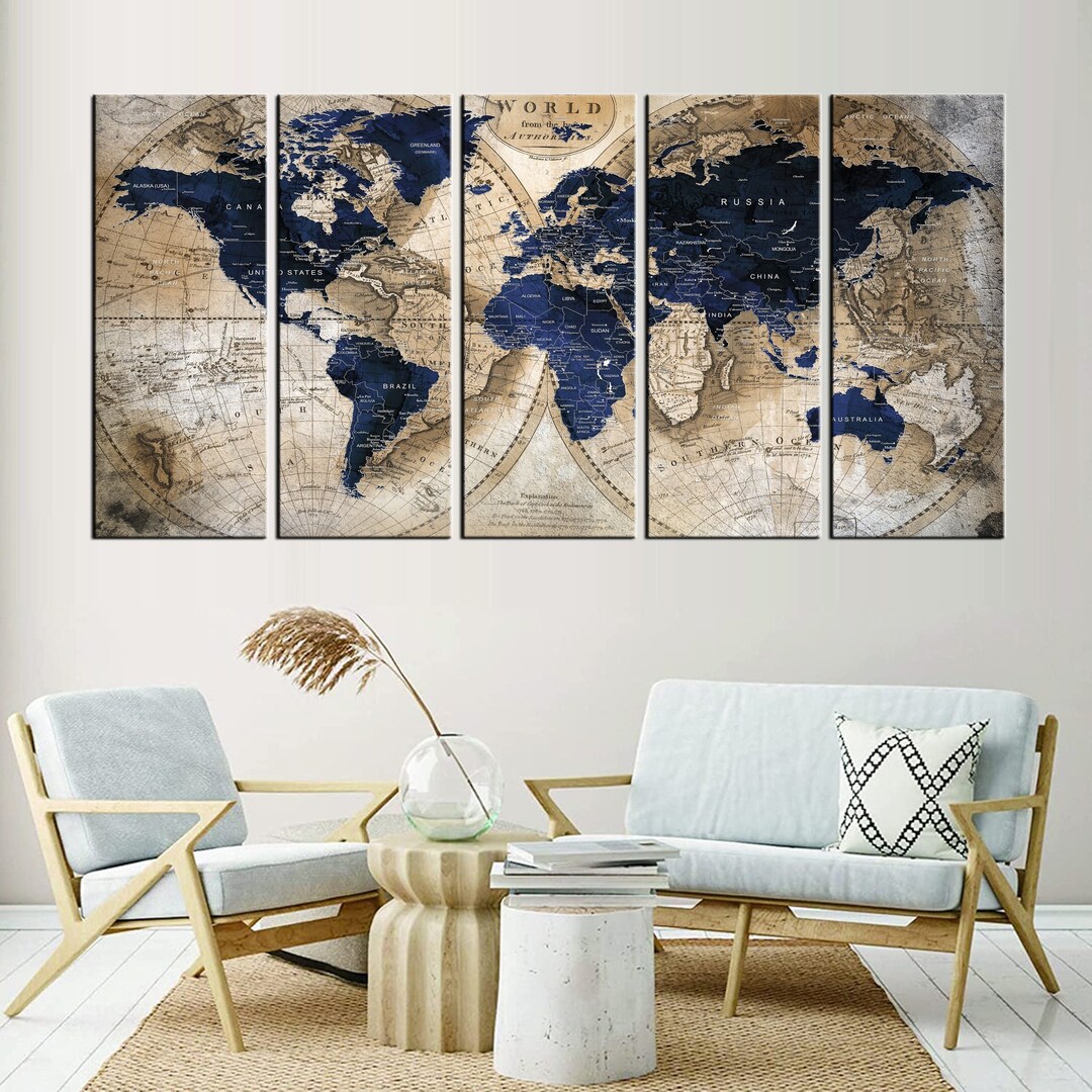 Large Modern Abstract Wall Art World Map Canvas Print Rustic Home Decor ...