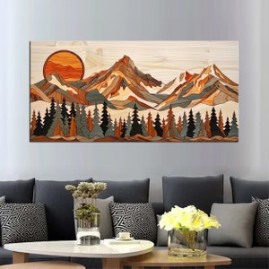 Mountain Wood Wall Art | Cabin Decor | Framed Nursery Art | Large Horizontal Canvas | Wooden ...