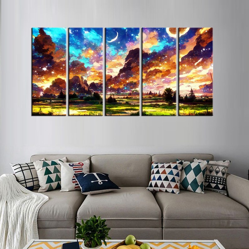 Magical Starry Sky Triptych Canvas - Vibrant Night Landscape Wall Art ...