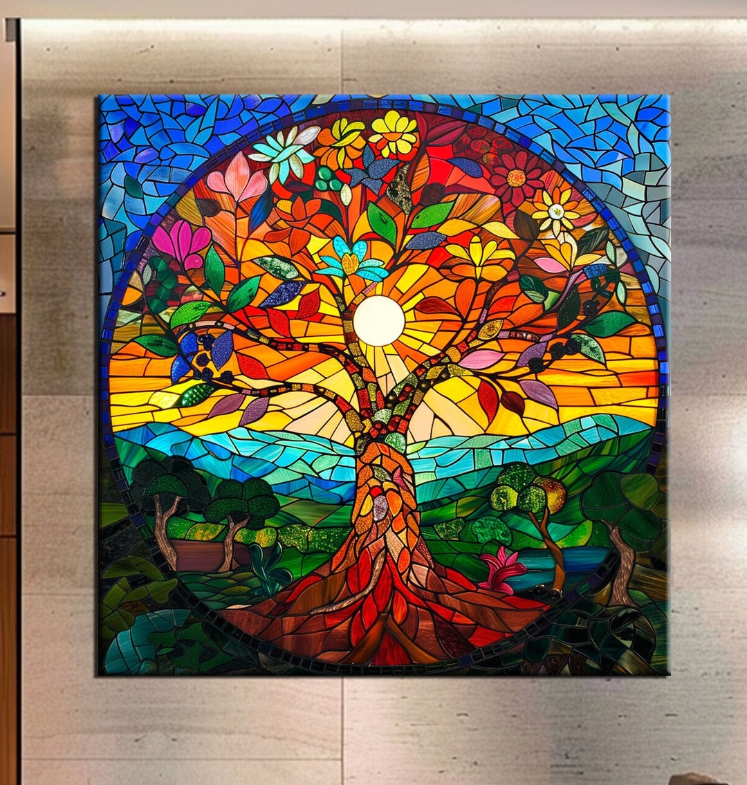 Floral Sunrise Tree of Life Canvas | Vibrant Yggdrasil Stained Glass ...