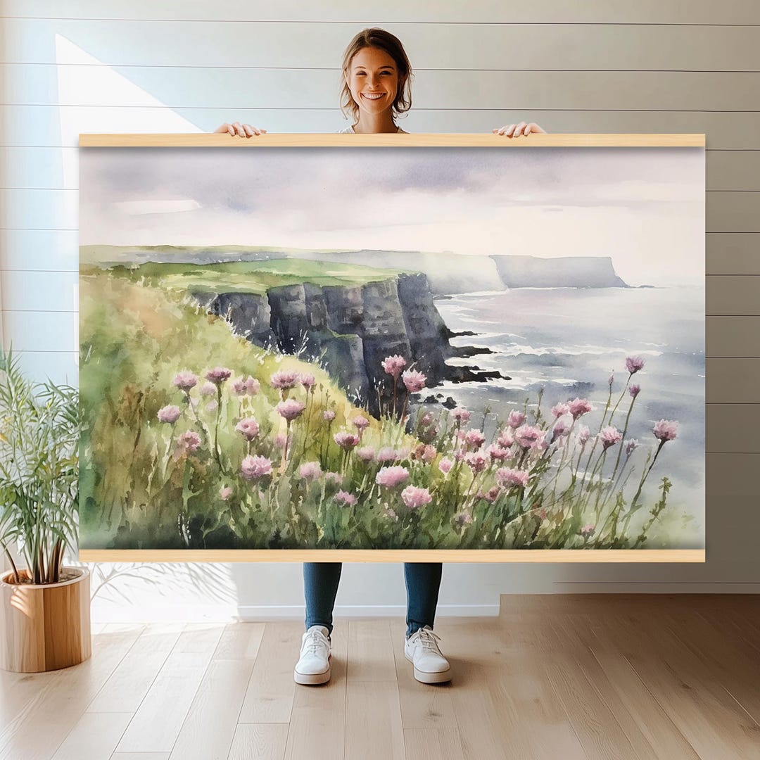 Coastal Cliffside With Blooming Thistles | Oversized Landscape Canvas ...