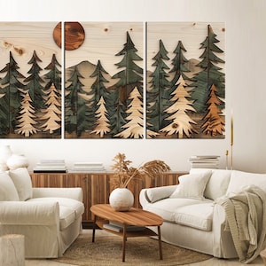 Rustic 3D Wood Wall Art Canvas Print Framed Pine Trees and Sun Canvas ...