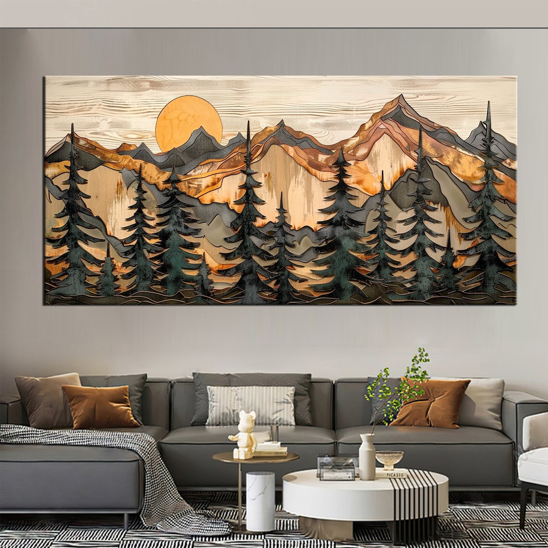 Stunning Layered Wood Effect Mountain Canvas Print - Sunset Forest ...