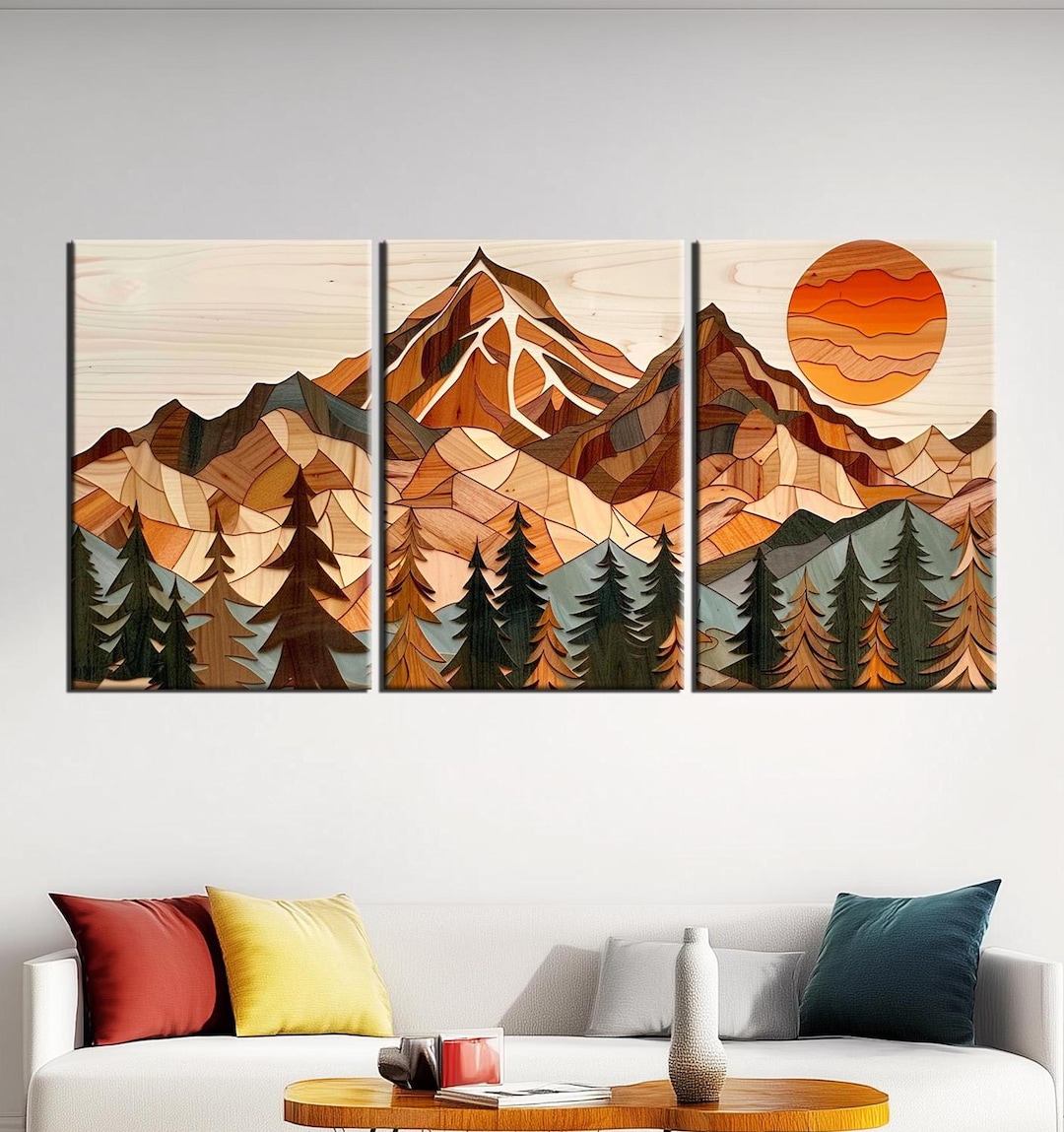 Wooden Mountain Landscape Wall Art Canvas Print– Rustic Sunset Mountain ...