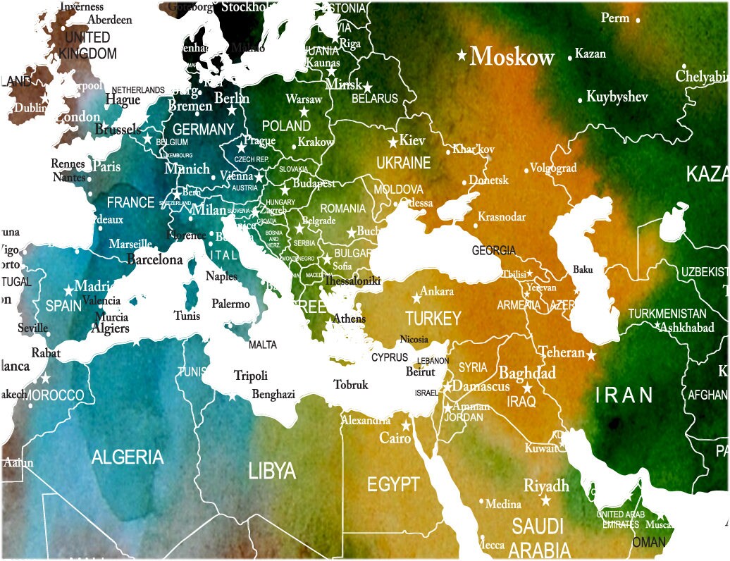World Map With Names Art Print Set Travel World Map Digital | Etsy