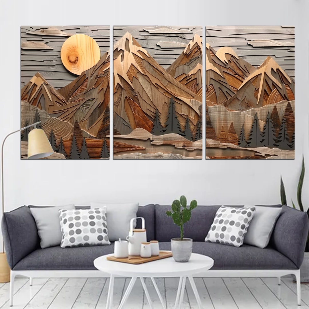 Layered Wood Mountain Landscape Canvas Print - 3 Panel Rustic Wall Art ...