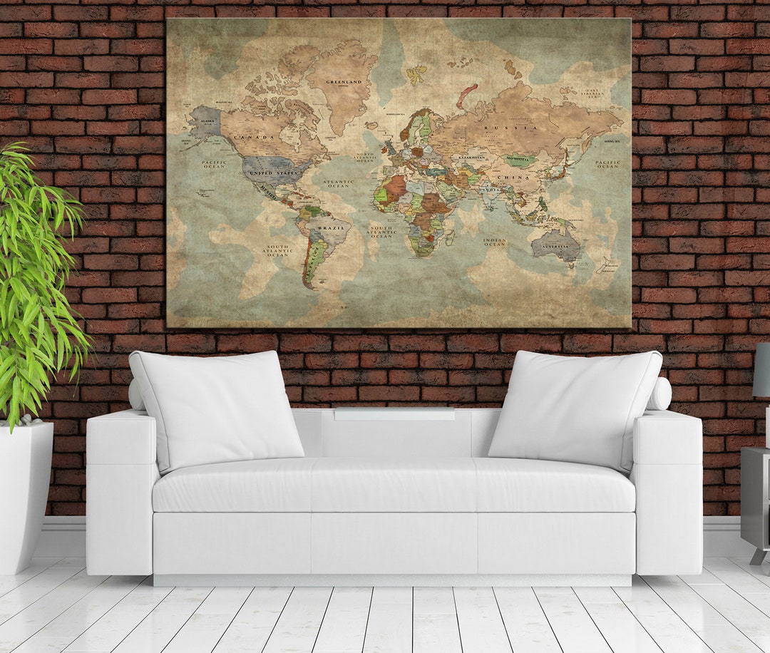 Push Pin Travel Map of World, Framed 3 Panel, Vintage Push Pin Map ...