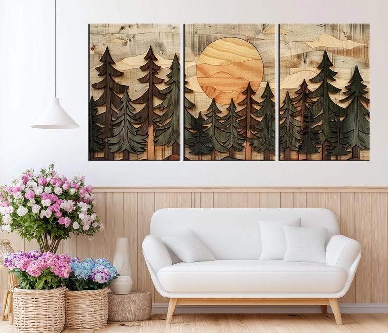 Sunset Mountain Wood Wall Art - 3D Layered Woodland Scene - Large ...