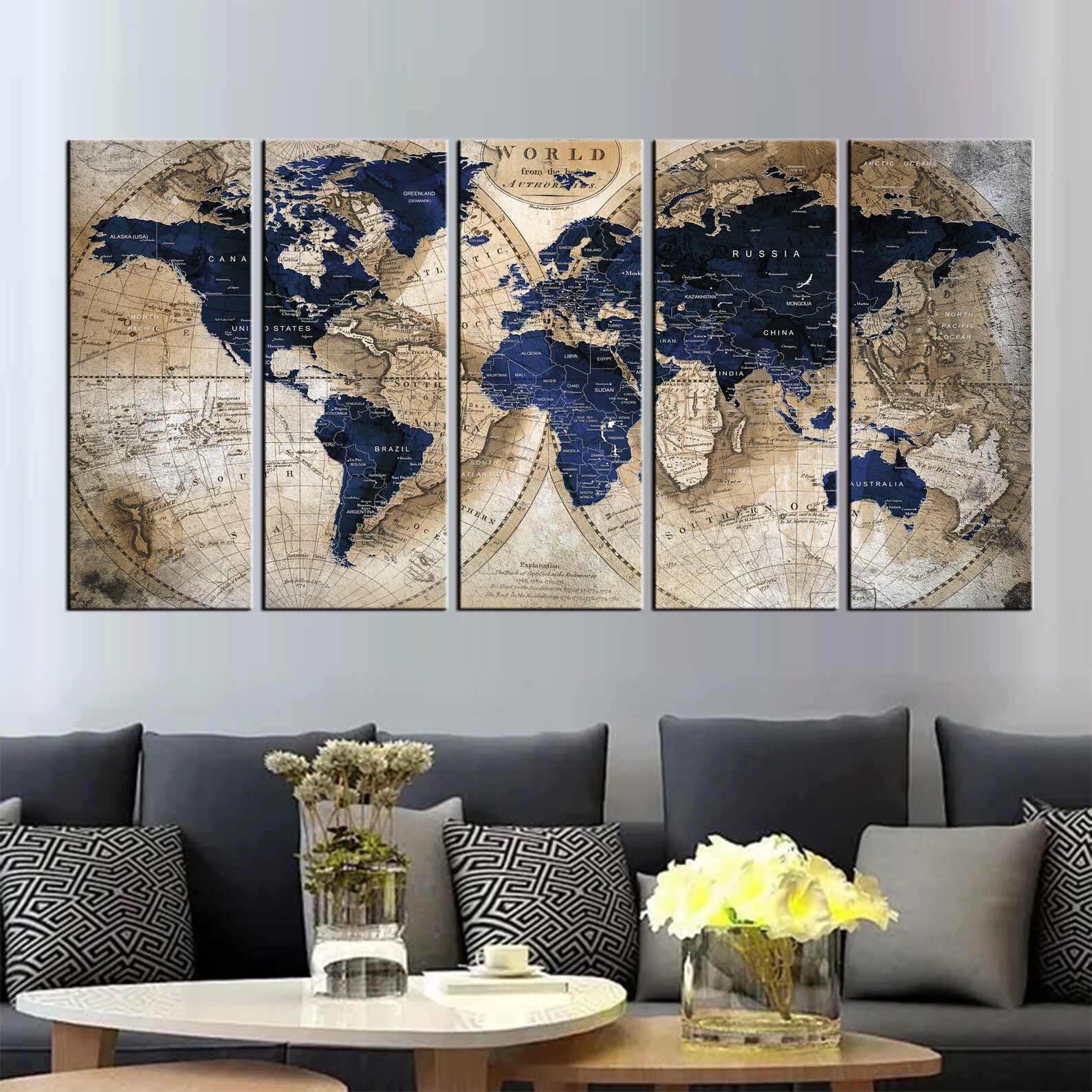 Large Modern Abstract Wall Art World Map Canvas Print Rustic - Etsy