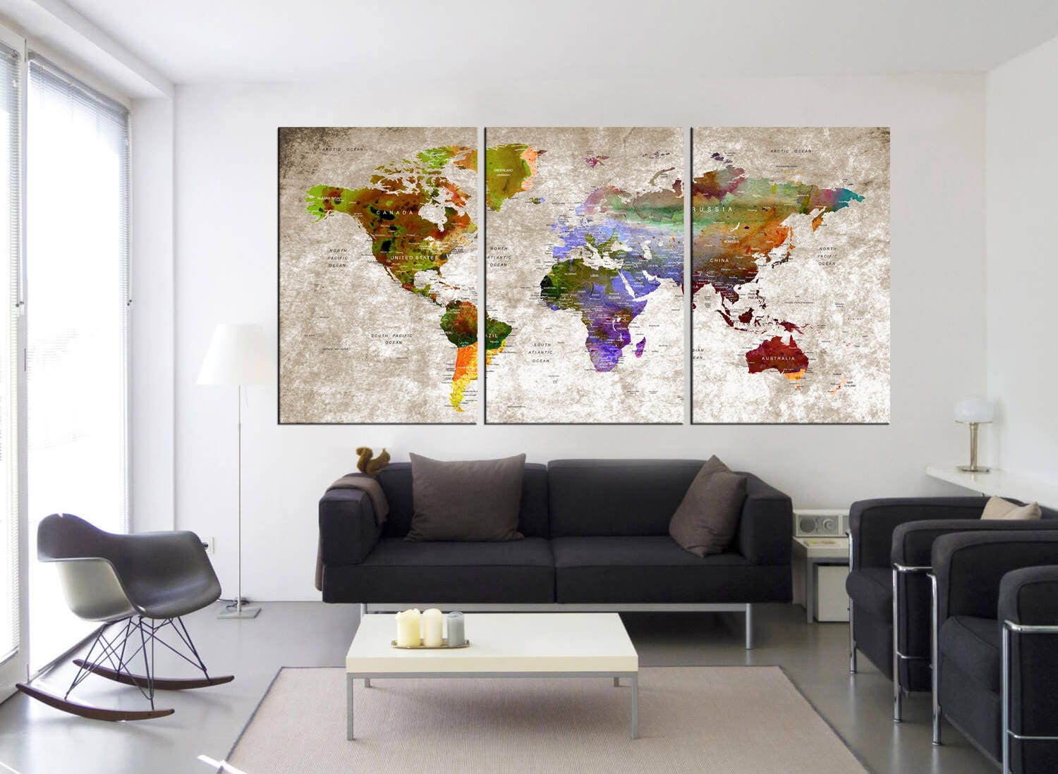 Large Wall Art World Map Canvas Print 3 Panel Push Pin World | Etsy