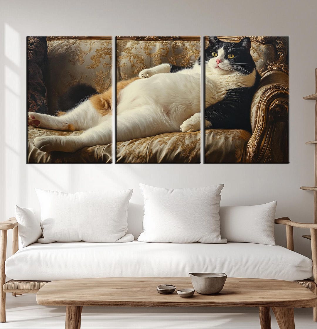 Regal Tuxedo Cat Portrait on Ornate Couch | Large Canvas Print ...