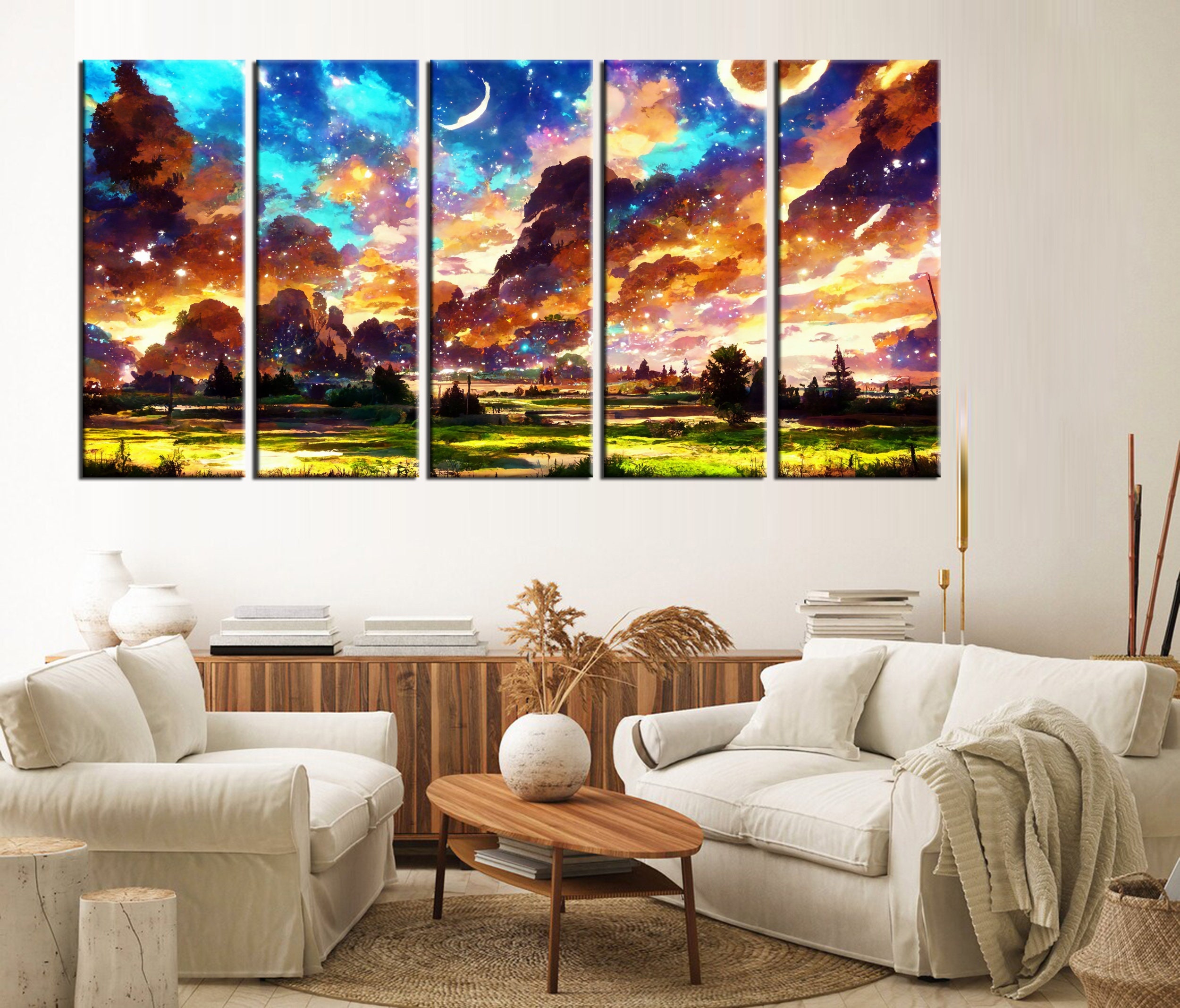 Magical Starry Sky Triptych Canvas - Vibrant Night Landscape Wall Art ...