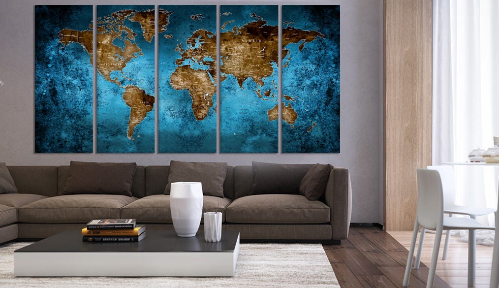 Canvas Wall Art Set of 5 Blue World Map Push Pin Wall Art | Etsy