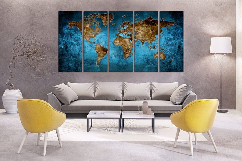 Canvas Wall Art Set of 5 Blue World Map Push Pin Wall Art | Etsy