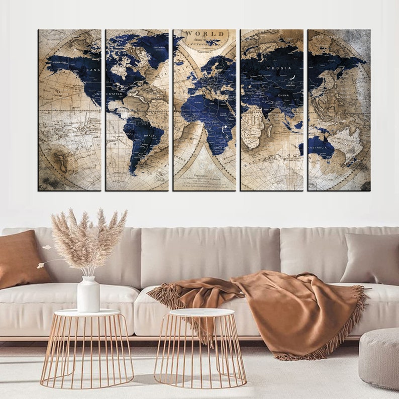Large Modern Abstract Wall Art World Map Canvas Print Rustic - Etsy