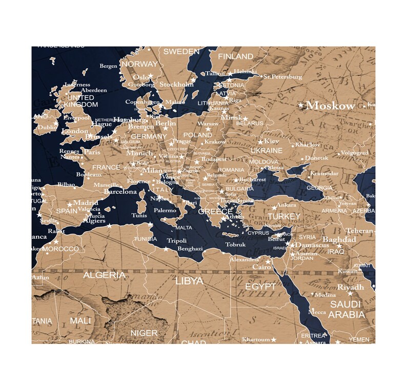 Navy Blue World Map Push Pin Wall Art Canvas Print 3 Panel - Etsy