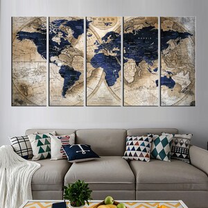 Large Modern Abstract Wall Art World Map Canvas Print Rustic Home Decor ...