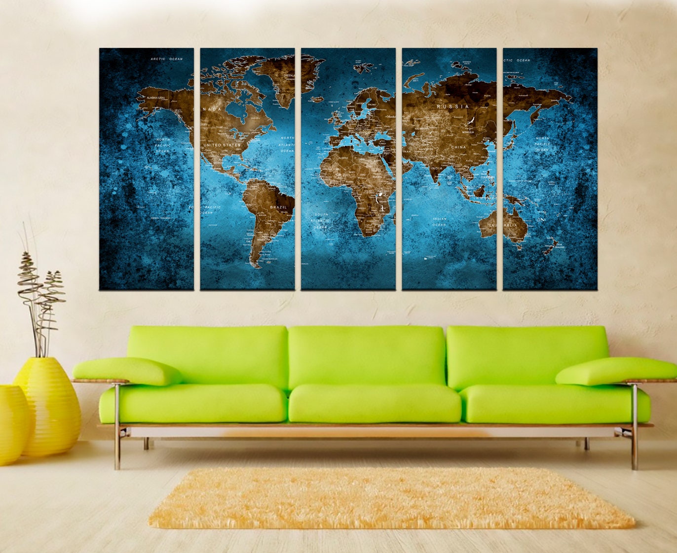 Canvas Wall Art Set of 5 Blue World Map Push Pin Wall Art | Etsy