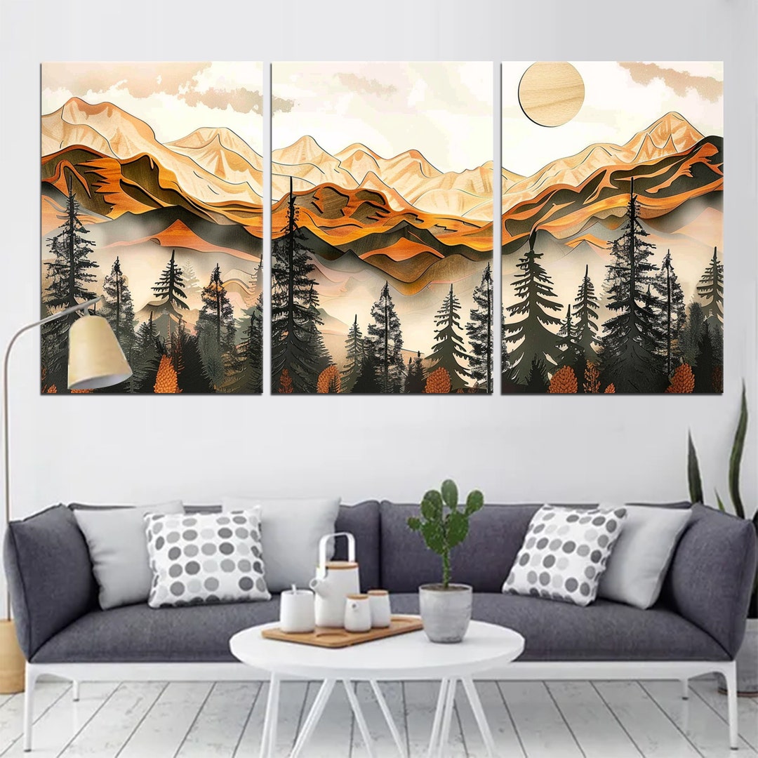 Rustic Wood Effect Mountain Canvas Print | Large Tree Landscape Wall ...