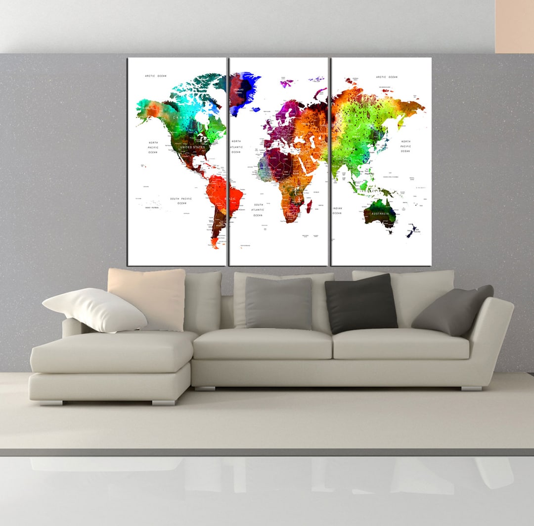 Large Abstract Art World Map Canvas Watercolor Print, World Map Wall ...