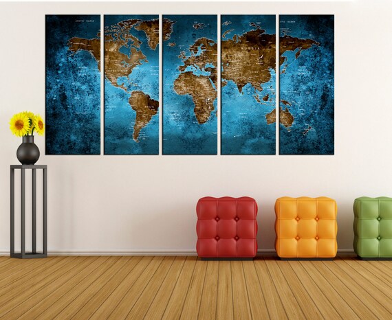 Canvas Wall Art Set of 5 Blue World Map Push Pin Wall Art | Etsy