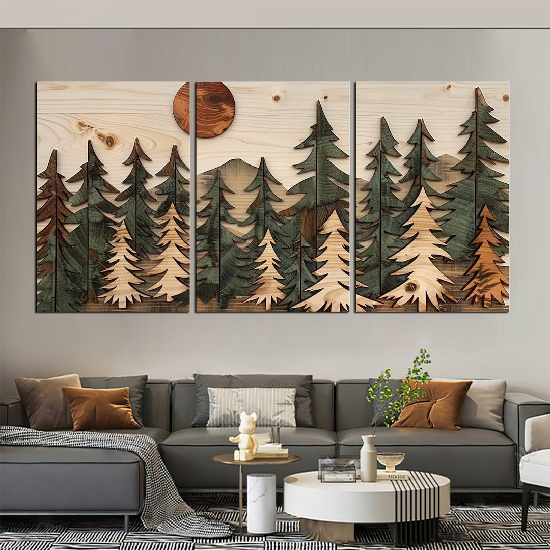 Rustic 3D Wood Wall Art Canvas Print Framed Pine Trees and Sun Canvas ...