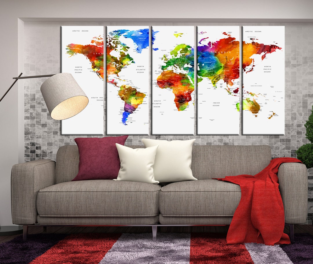 Extra Large Wall Art Canvas World Map Cprint Push Pin World - Etsy