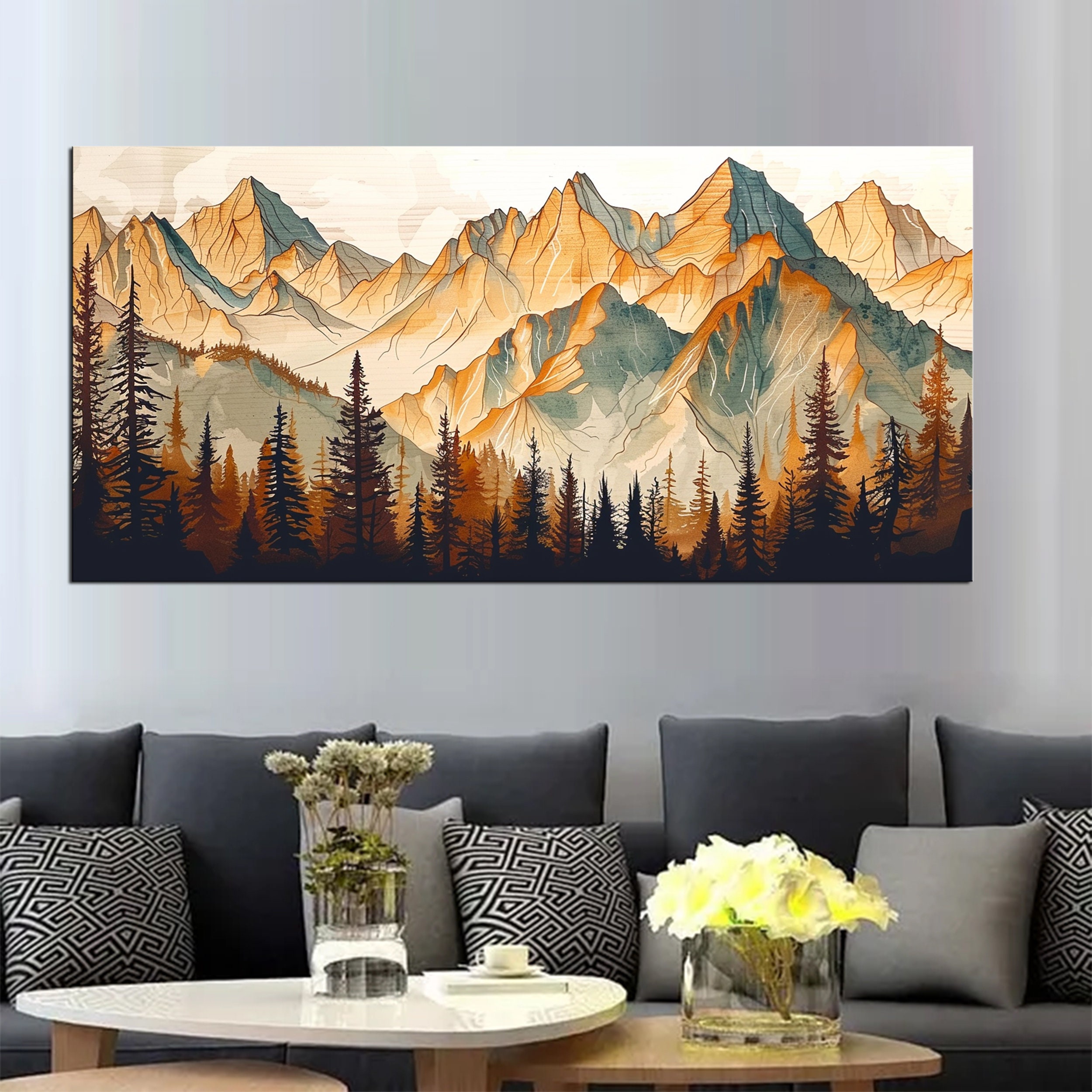 Mountain Abstract Wall Art | Large Watercolor Effect Canvas | Framed ...