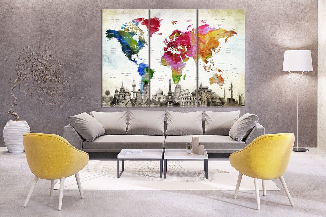 Set of 3 Panel Ready to Hang World Map Art Canvas Print - Etsy