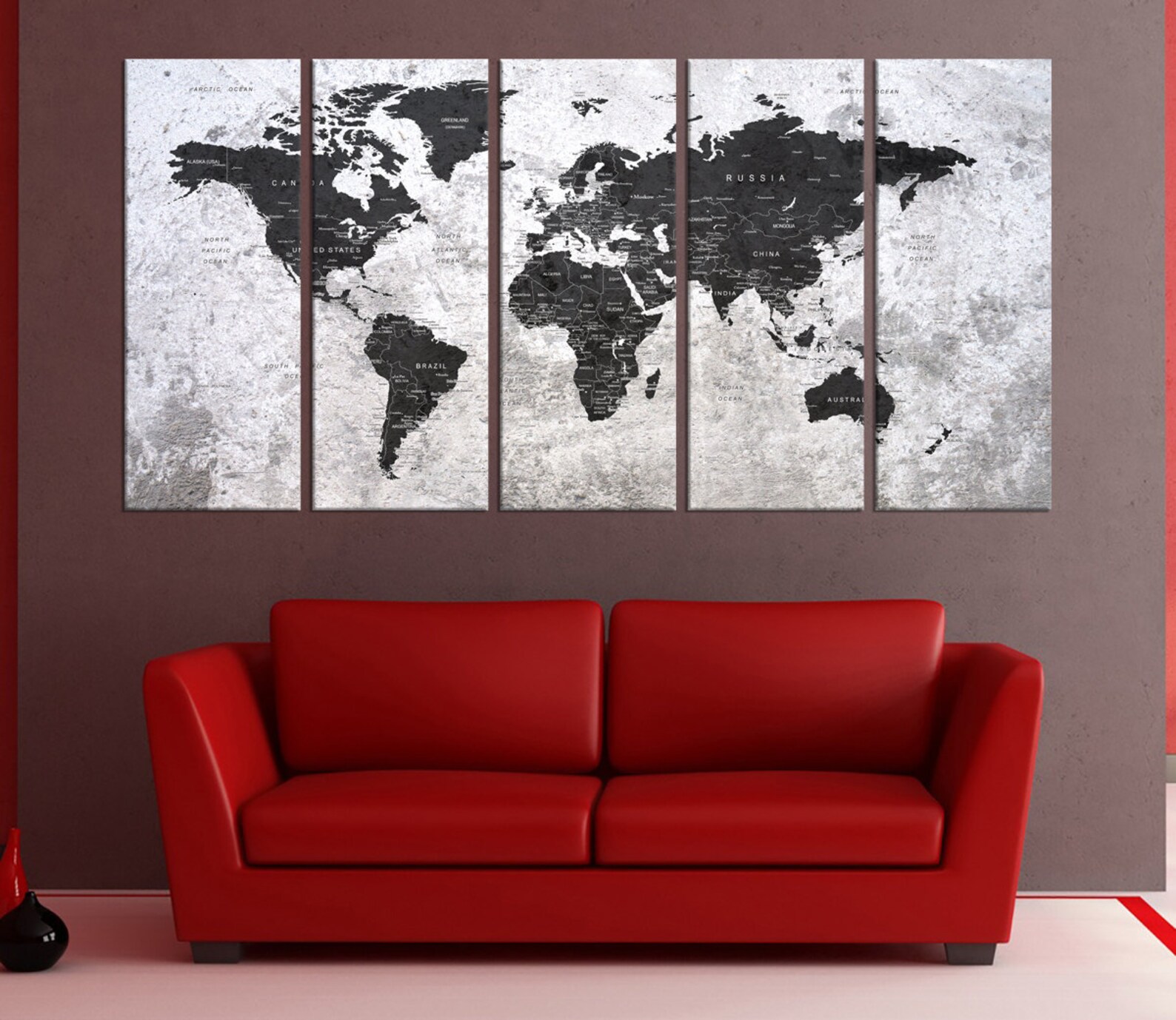 Grey Push Pin World Map Wall Art Canvas Travel Map Extra | Etsy