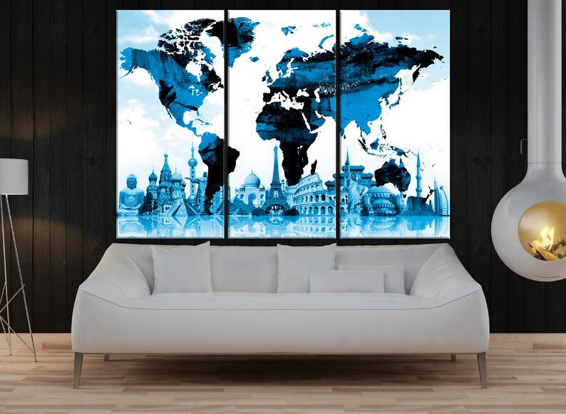 Large Wall Art Canvas Blue World Map Wall Art Canvas World | Etsy