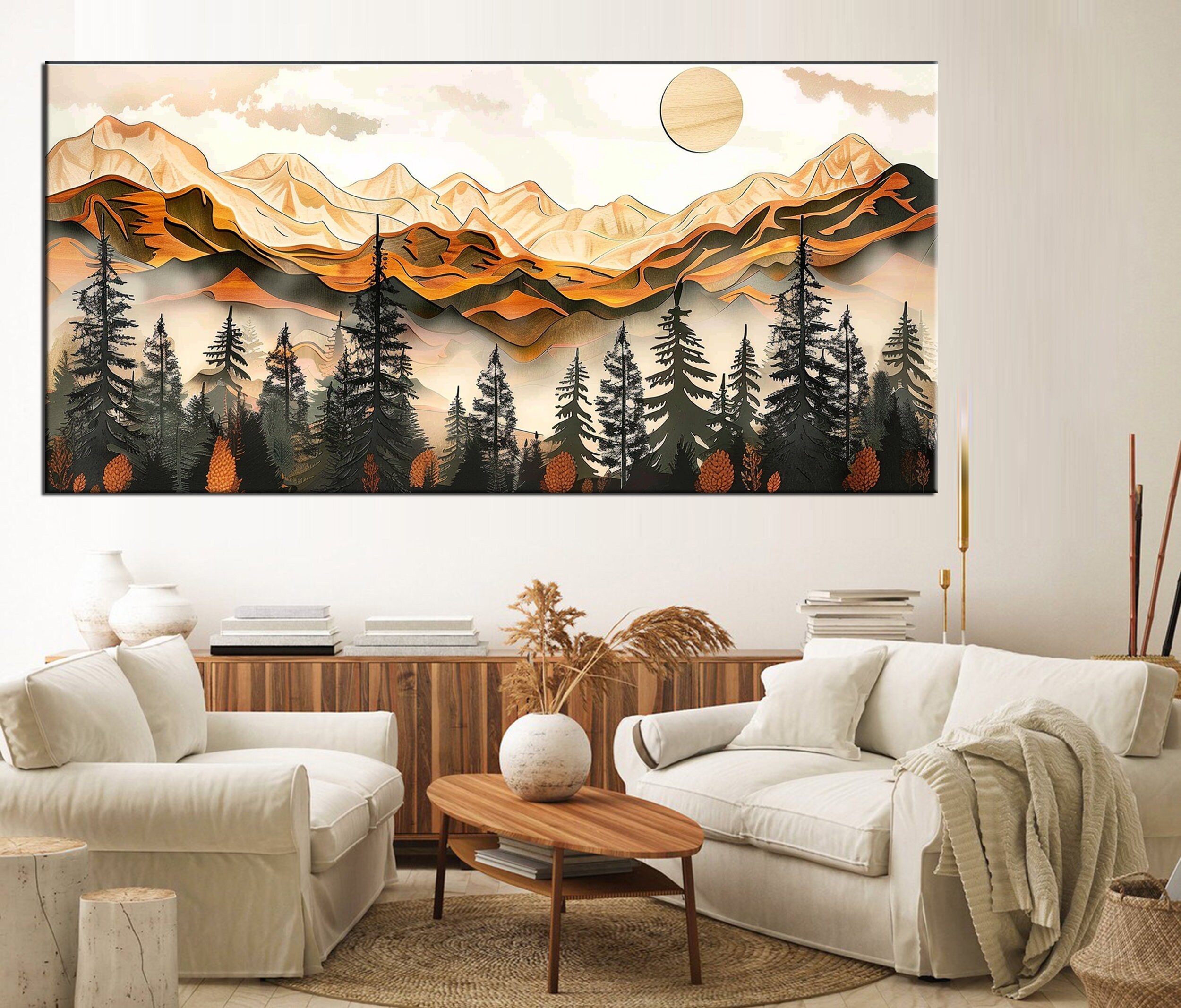 Rustic Wood Effect Mountain Canvas Print | Large Tree Landscape Wall ...