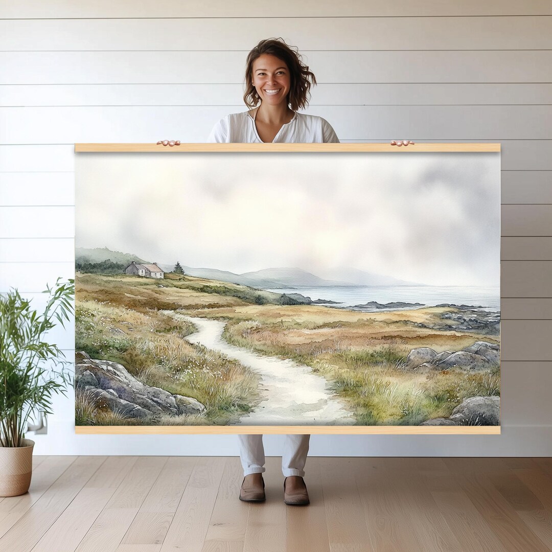 Oversized Coastal Cottage Landscape Wall Hanging | Large Canvas Print ...