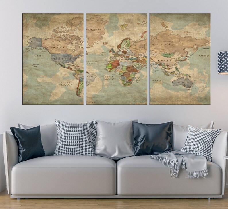 Push Pin Travel Map of World Framed 3 Panel Vintage Push Pin - Etsy
