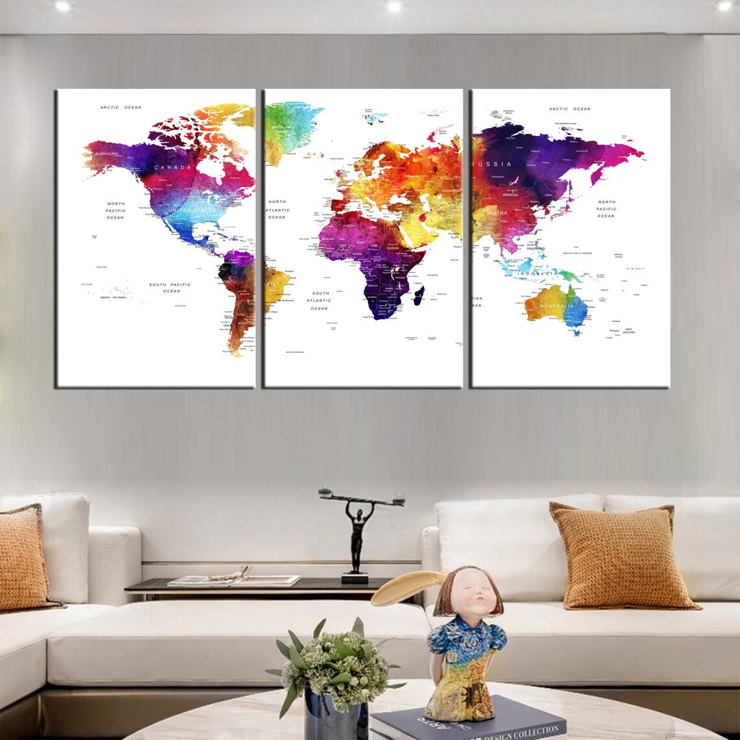 Watercolor World Map Wall Art Canvas Extra Large Wall Art Modern Home ...